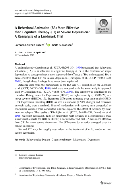 (PDF) Is Behavioral Activation (BA) More Effective than Cognitive ...