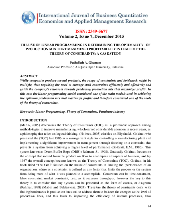 Pdf The Use Of Linear Programming In Determining The Optimality Of Production Mix That
