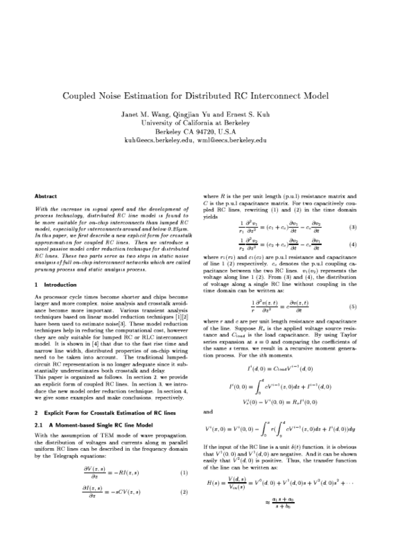 Pdf Coupled Noise Estimation For Distributed Rc Interconnect Model