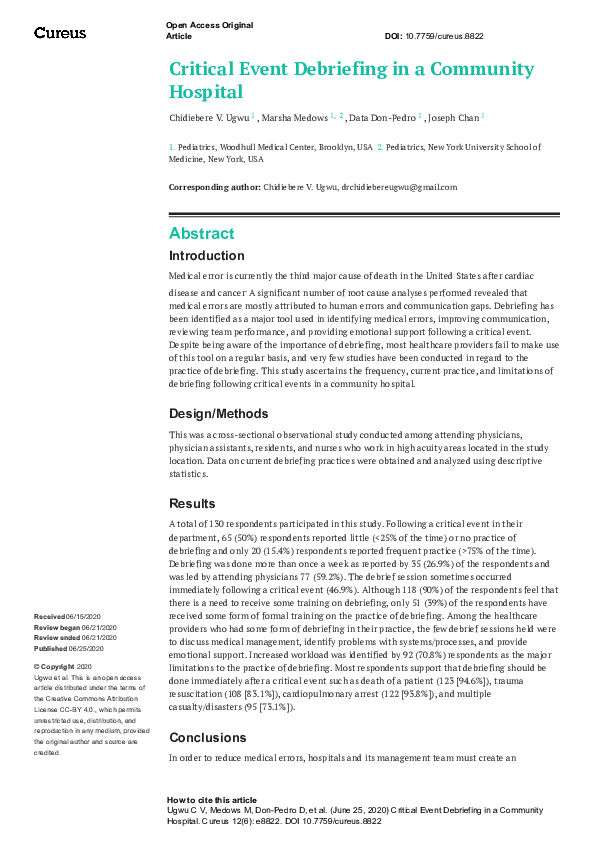 (PDF) Critical Event Debriefing in a Community Hospital