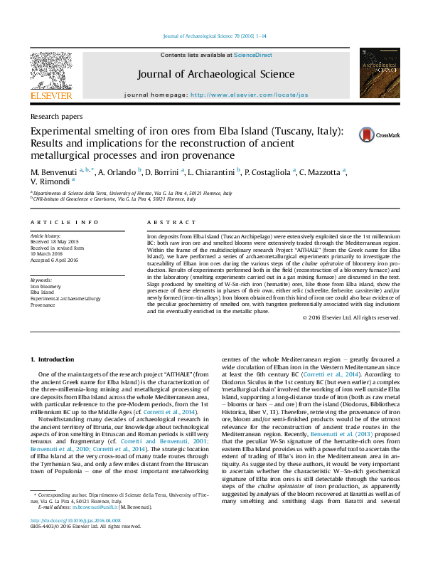 (PDF) Experimental smelting of iron ores from Elba Island (Tuscany ...