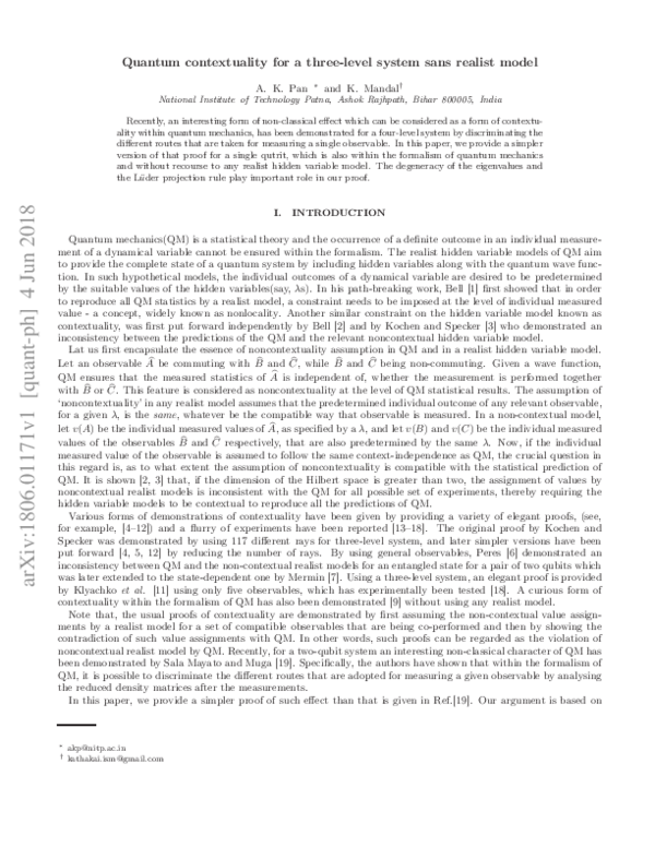 (PDF) Quantum Contextuality for a Three-Level System Sans Realist Model