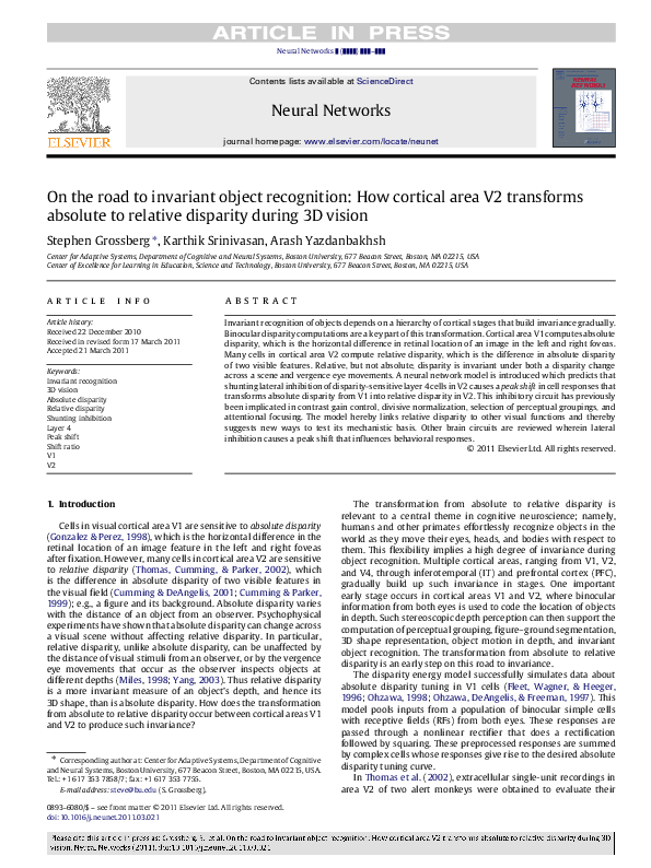 (PDF) On the road to invariant object recognition: How cortical area V2 transforms absolute to ...
