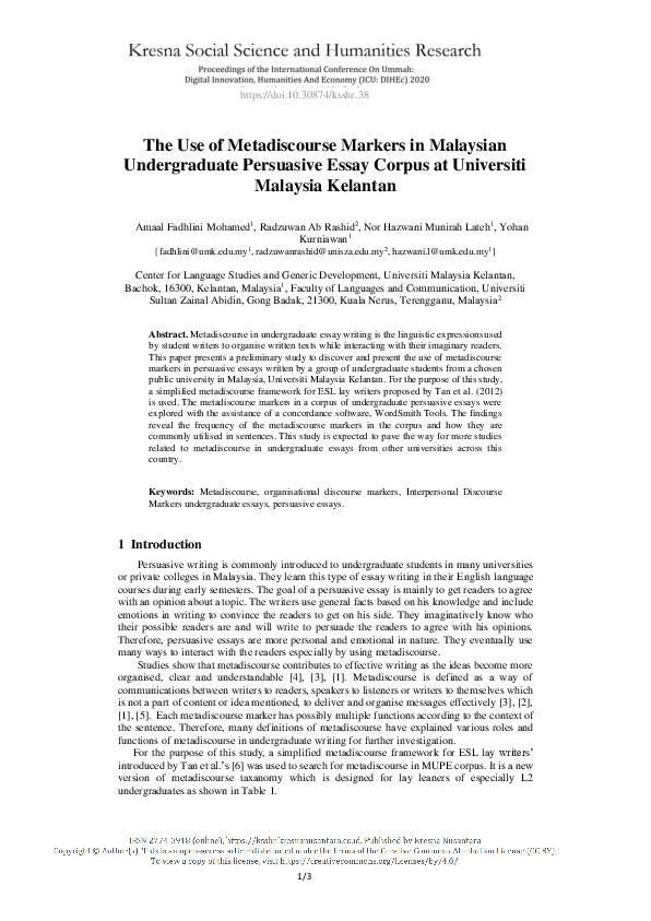 (PDF) The Use of Metadiscourse Markers in Malaysian Undergraduate ...