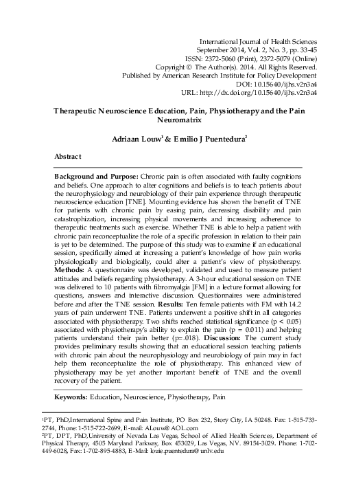 (PDF) Therapeutic Neuroscience Education, Pain, Physiotherapy and the Pain Neuromatrix