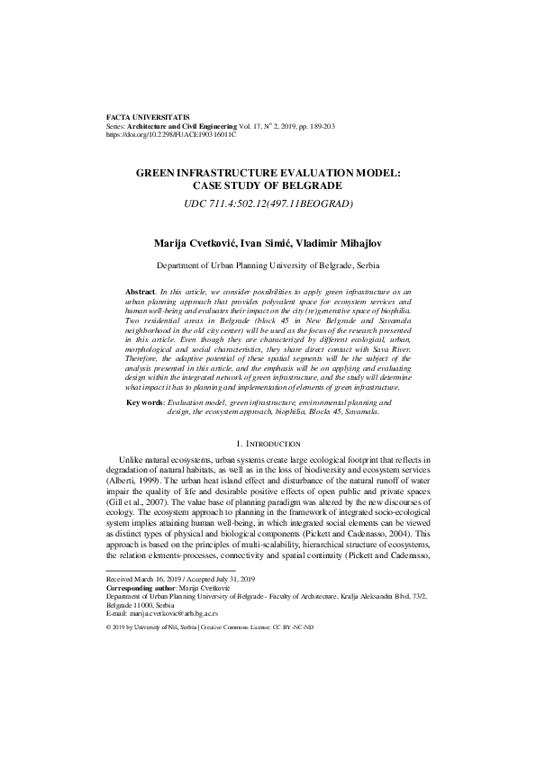 (PDF) Green infrastructure evaluation model: Case study of Belgrade