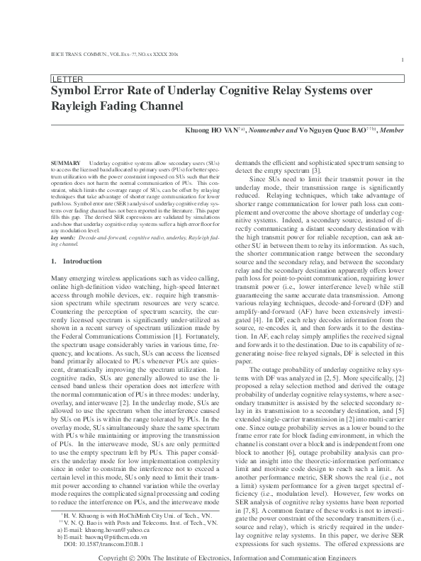 (PDF) Symbol Error Rate of Underlay Cognitive Relay Systems over Rayleigh Fading Channel