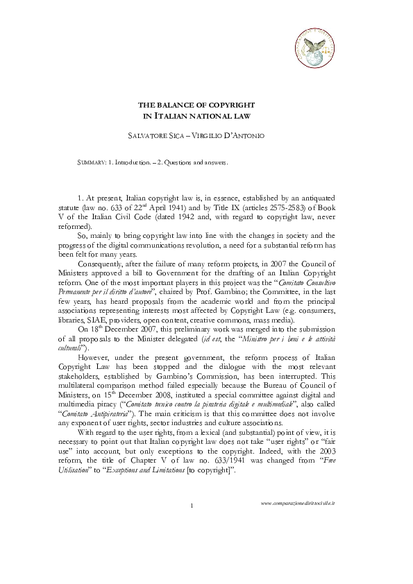 (PDF) The balance of copyright in Italian national law