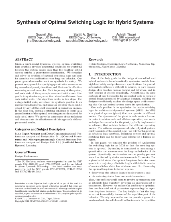 (PDF) Synthesis of optimal switching logic for hybrid systems