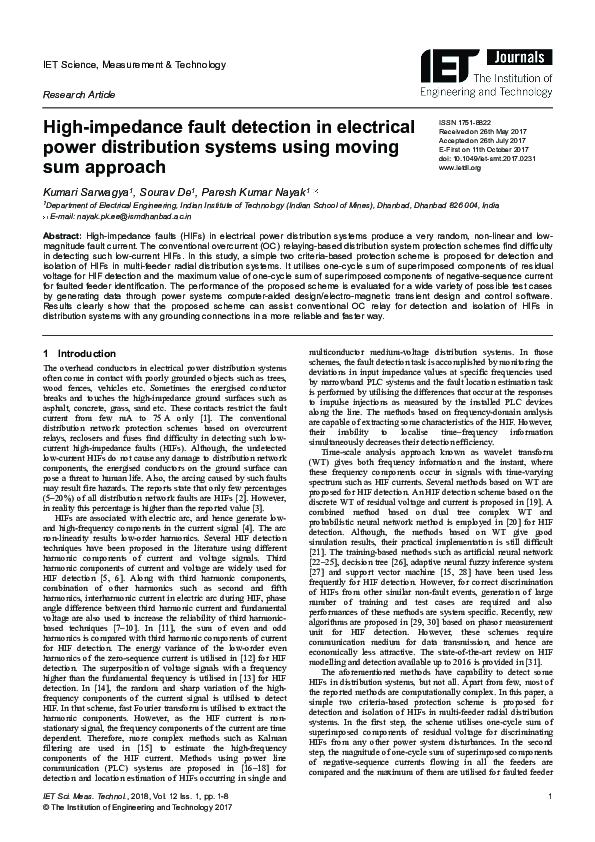 (PDF) High‐impedance fault detection in electrical power distribution systems using moving sum ...