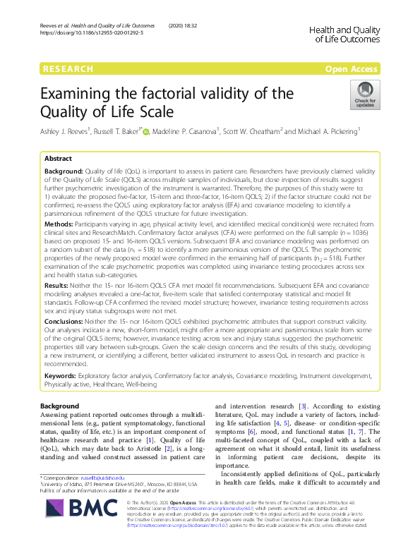 (PDF) Examining the factorial validity of the Quality of Life Scale