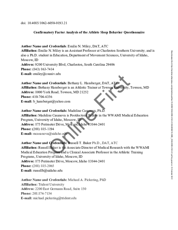 (PDF) Confirmatory Factor Analysis of the Athlete Sleep Behavior Questionnaire