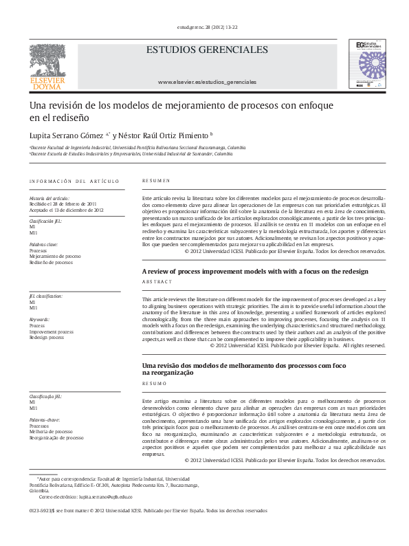 (PDF) Una revisión de los modelos de mejoramiento de procesos con enfoque en el rediseño