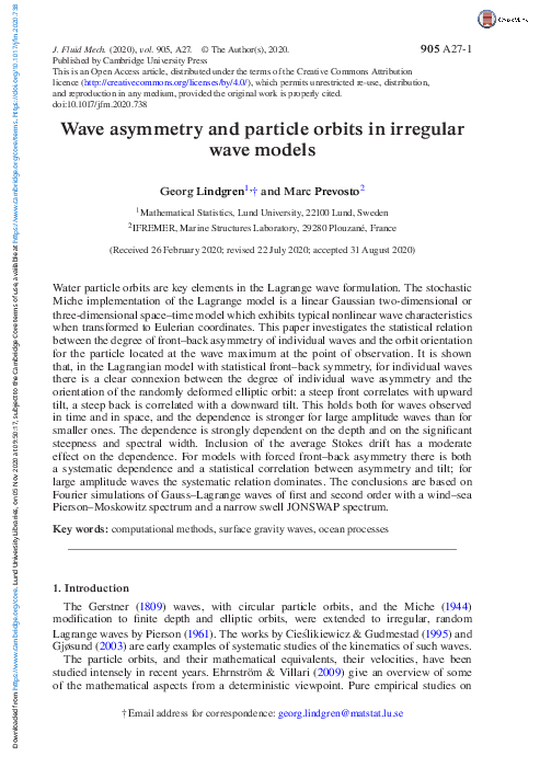 Wave Asymmetry And Particle Orbits In Irregular Wave Models