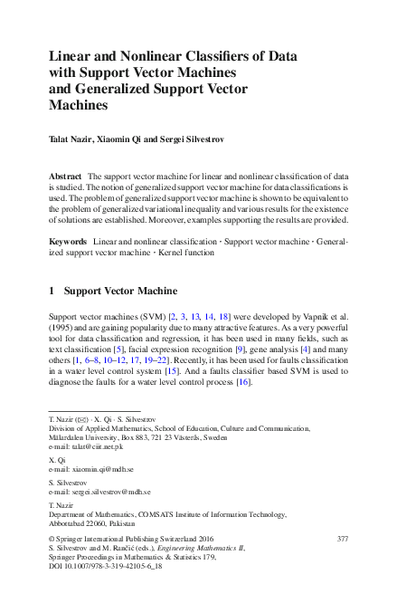 Pdf Linear And Nonlinear Classifiers Of Data With Support Vector Machines And Generalized