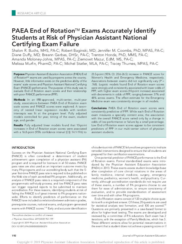 (PDF) PAEA Exams Predict PANCE Failure Risk