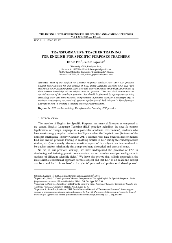 (PDF) Transformative Teacher Training for English for Specific Purposes Teachers