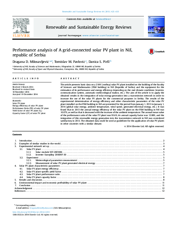 (PDF) Performance analysis of A grid-connected solar PV plant in Niš, republic of Serbia