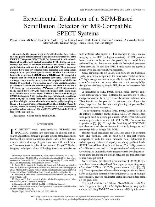 (PDF) Experimental Evaluation of a SiPM-Based Scintillation Detector for MR-Compatible SPECT Systems