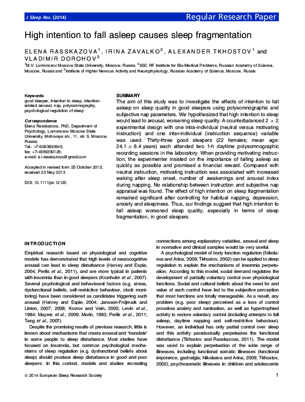 (PDF) High intention to fall asleep causes sleep fragmentation