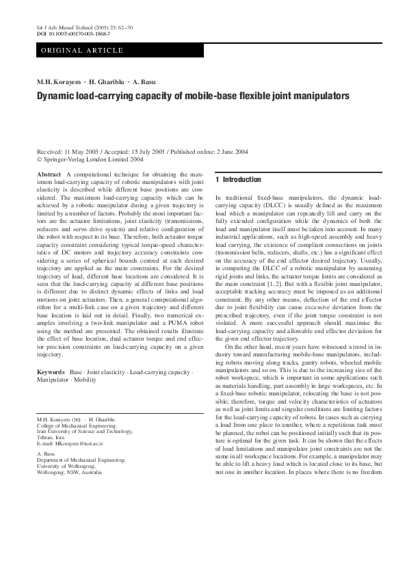 (PDF) Dynamic load-carrying capacity of mobile-base flexible joint manipulators