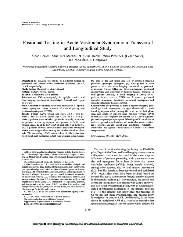 (PDF) Positional Testing in Acute Vestibular Syndrome: a Transversal ...