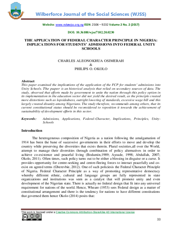 (PDF) The Application of Federal Character Principle in Nigeria ...