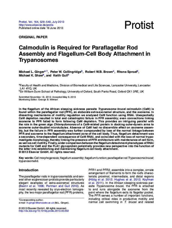 (PDF) Calmodulin is Required for Paraflagellar Rod Assembly and ...