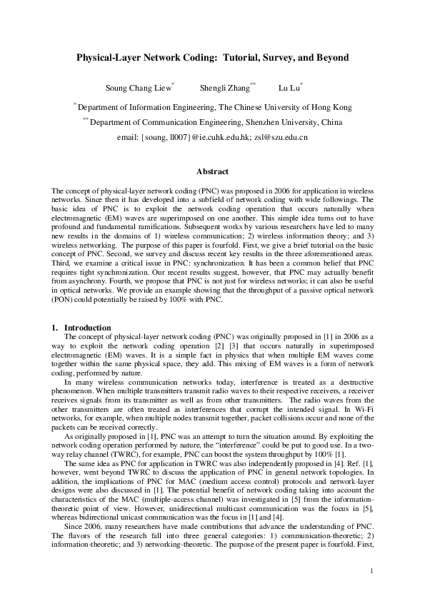 (PDF) Physical-layer network coding: Tutorial, survey, and beyond | Soung-chang Liew - Academia.edu