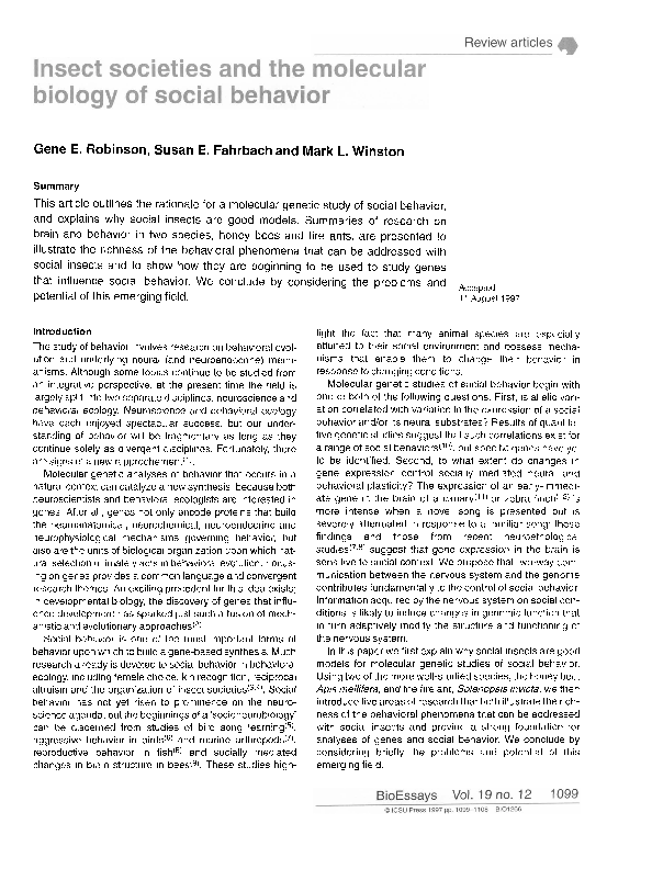 (PDF) Insect societies and the molecular biology of social behavior