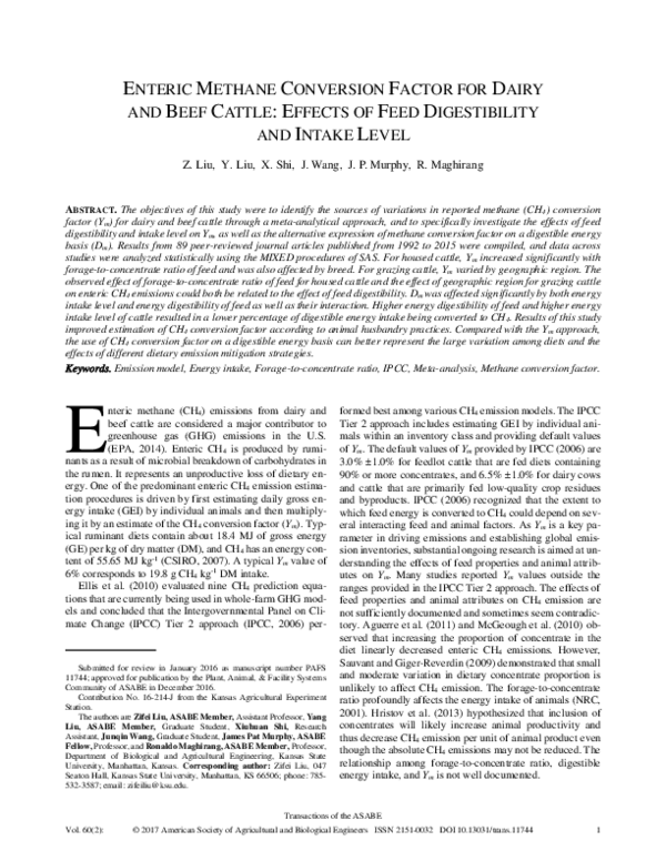(PDF) Enteric Methane Conversion Factor for Dairy and Beef Cattle ...