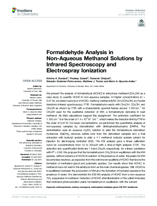 Pdf Formaldehyde Analysis In Non Aqueous Methanol Solutions By Infrared Spectroscopy And