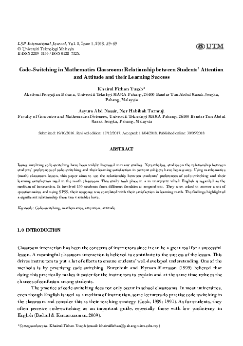 (PDF) Code-Switching in Mathematics Classroom: Relationship between Students’ Attention and ...