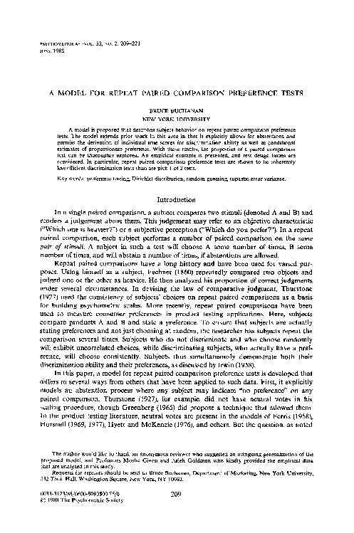 (PDF) A model for repeat paired comparison preference tests