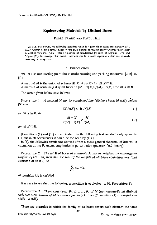 (PDF) Equicovering matroids by distinct bases