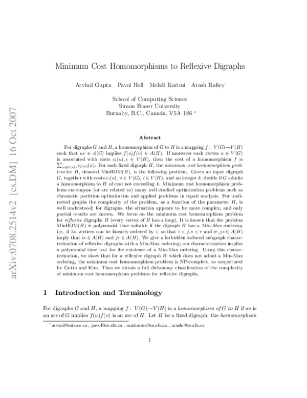 (PDF) Minimum Cost Homomorphisms to Reflexive Digraphs