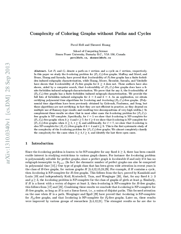 Pdf Complexity Of Coloring Graphs Without Paths And Cycles Pavol Hell