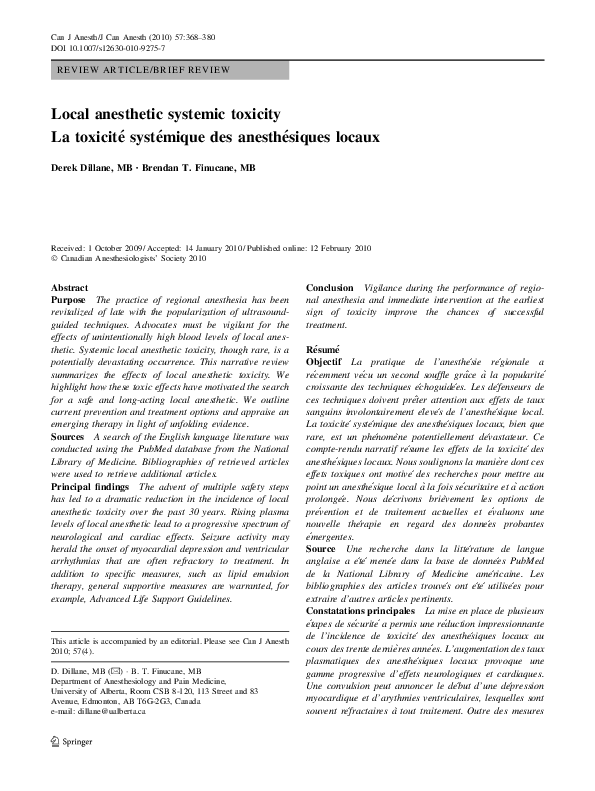 (PDF) Local anesthetic systemic toxicity