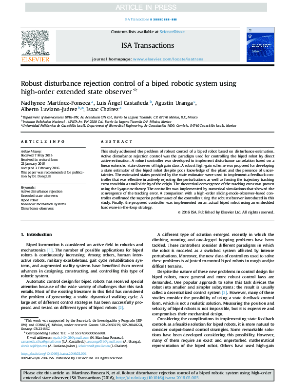 (PDF) Robust disturbance rejection control of a biped robotic system using high-order extended ...