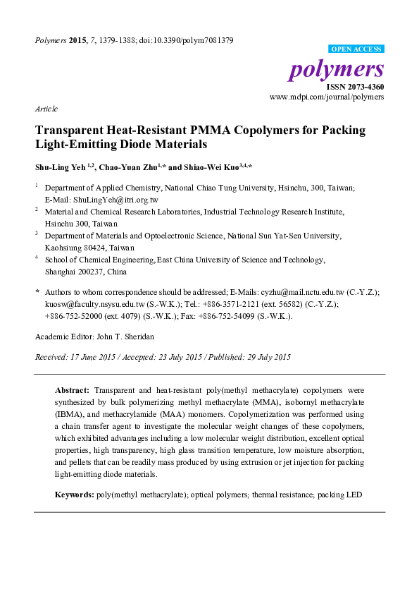 (PDF) Transparent Heat-Resistant PMMA Copolymers for Packing Light ...