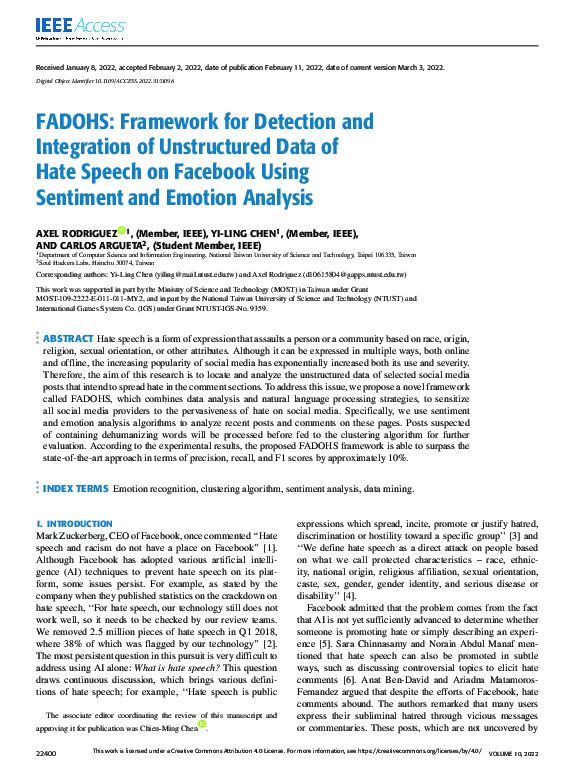 Pdf Fadohs Framework For Detection And Integration Of Unstructured Data Of Hate Speech On