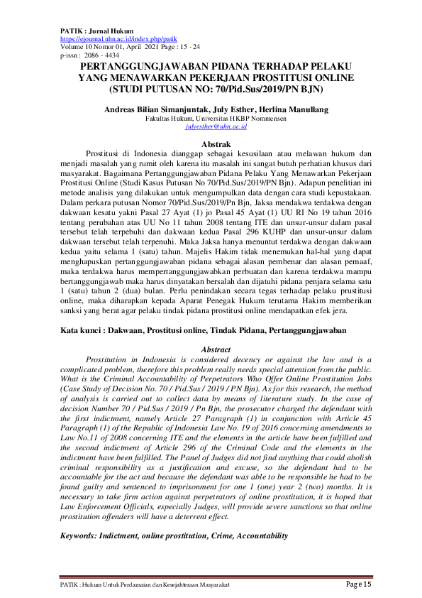 (PDF) PERTANGGUNGJAWABAN PIDANA TERHADAP PELAKU YANG MENAWARKAN PEKERJAAN PROSTITUSI ONLINE ...