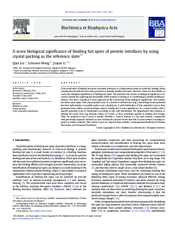 (PDF) Z-score biological significance of binding hot spots of protein interfaces by using ...