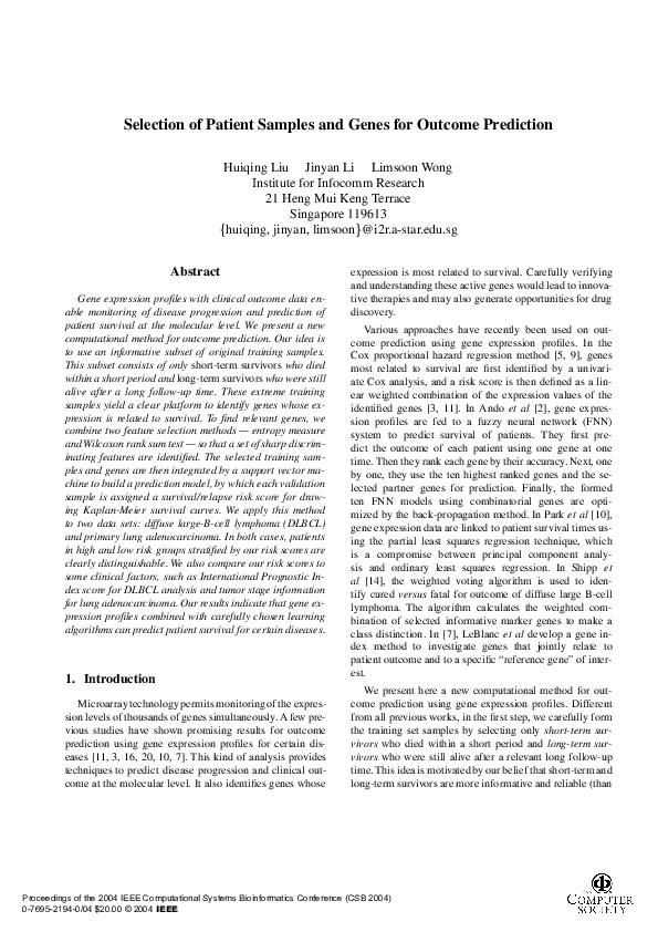 (PDF) Selection of patient samples and genes for outcome prediction