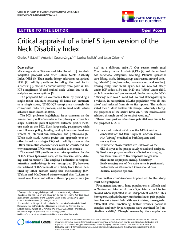 (PDF) Critical appraisal of a brief 5 item version of the Neck ...