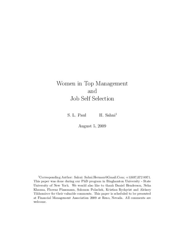 (PDF) Women in Top Management and Job Self Selection | Herman Sahni ...