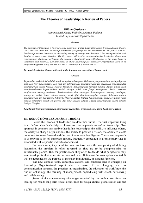 (PDF) The Theories of Leadership: A Review of Papers