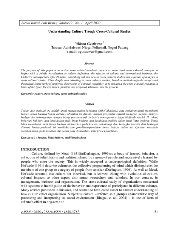 (PDF) Understanding Culture Trough Cross-Cultural Studies