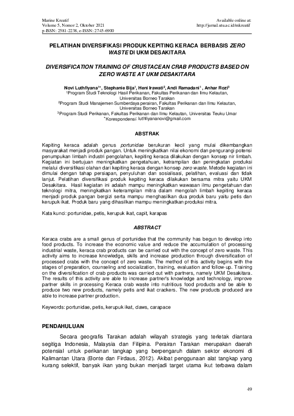 (PDF) Pelatihan Diversifikasi Produk Kepiting Keraca Berbasis Zero ...