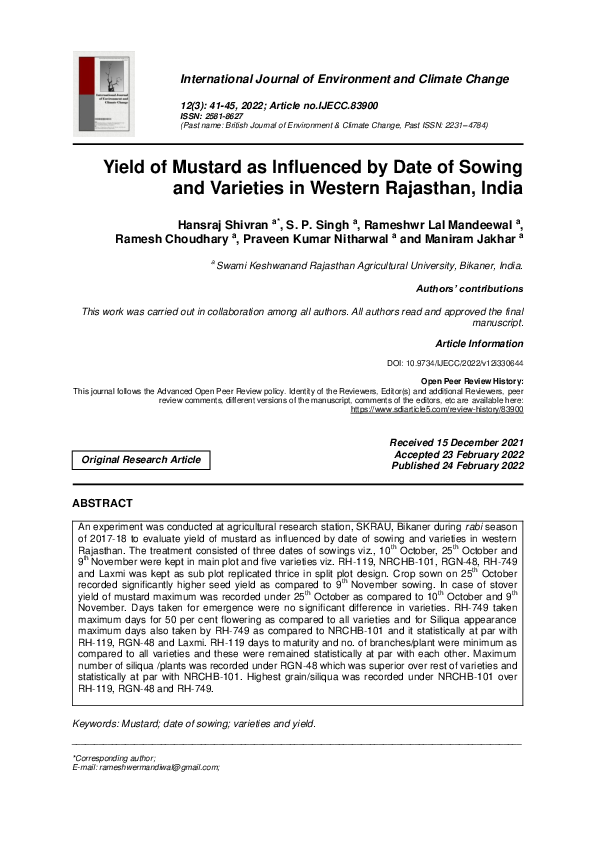 (PDF) Yield of Mustard as Influenced by Date of Sowing and Varieties in Western Rajasthan, India